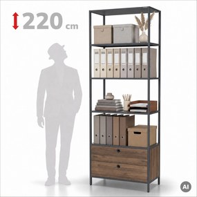 Regál se zásuvkami do kanceláře, na šanony a dokumenty, otevřené police, kovový, antracitový/ořech, 800x2200x400 mm: ARIEL Eco Design