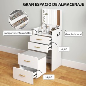 HOMCOM 3-v-1 Toaletní Stolek se Židlí - Toaletní Stolek s Zrcadlem, Zásuvkami a Skleněnou Deskou - Moderní Toaletní Stolek do Ložnice 48x40x90 cm Bílý
