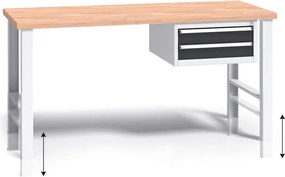 Výškově nastavitelný pracovní stůl do dílny G3 se závěsným boxem na nářadí, buková spárovka, 2 zásuvky, 1500 x 685 x 840 - 1050 mm, grafit