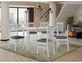 Rozkládací jídelní stůl se 6 židlemi AL16, Barva dřeva: bílá, Potah: 26x - Kronos 22, Barvy nožiček: Bíla