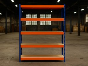 Regál 200x90x50 cm lakovaný 5-policový, nosnost 100 kg - modro-oranžový