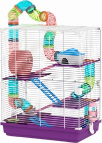 Klec pro křečky PawHut, 4 úrovně s tunely, krmítkem, kolem, domkem a žebříky, rozměry 46D x 30Š x 58V cm, fialová