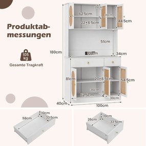 Costway Dřevěná kuchyňská skříňka s ratanovými dvířky a 2 zásuvkami a 2 USB