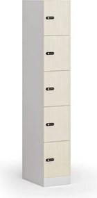 Šatní skříňka S1 s úložnými boxy, 5 boxů, 1850 x 300 x 500 mm, demont, mechanický kódový zámek, laminované dveře, bříza