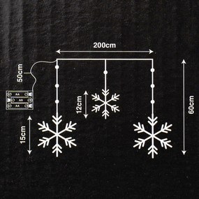 Světelný venkovní závěs Snowflakes, 200x60cm, LED, studená bílá, časovač, 8 funkcí, na baterie, 200 cm