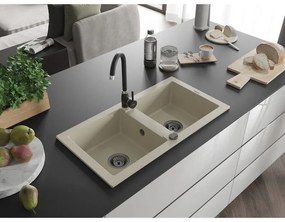 Mexen Mario, granitový dřez 820x436x161 mm, 2-komorový, béžová s černým sifonem, 6504822000-69-B