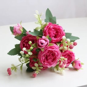 Umělá kytice pivoňek - 5 květů s poupaty (B) Barva: růžová (rose red)