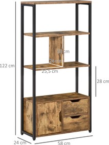 HOMCOM Knihařský regál s kabinetem a 2 úložnými šuplíky, průmyslový styl, 58x24x122 cm, rustikální hnědá