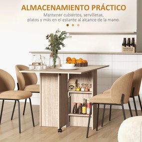 Skládací jídelní stůl HOMCOM – Sklápěcí stůl do kuchyně s kolečky, sklápěcími křídly a policemi pro 4-6 osob 75x140x74 cm Přírodní