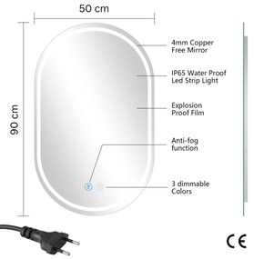 Erga Lyra, oválné LED zrcadlo 50x90cm, 3 barvy světla, přední a zadní osvětlení, vyhřívací podložka proti zapaření, ERG-V01-LYRA-5090-CL