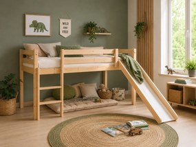 Dětská vyvýšená postel z masivu se skluzavkou 200x90 cm – přírodní lak