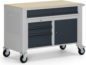 Pojízdný dílenský stůl G9, 1 skříňka, 5 zásuvek, 1180 x 595 x 865-1130 mm, šedá/grafit