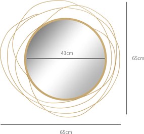 HOMCOM Nástěnné zrcadlo Ø65 cm s kovovým rámem, dekorativní zrcadlo do předsíně, nástěnné umění do obývacího pokoje a ložnice ve zlaté barvě | Aosom.…