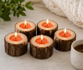svícen, sada 5 ks, styl skandinávský, dřevo, 3x6x6 cm, přírodní, Dekorino SD20260023