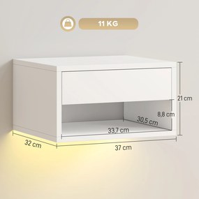 HOMCOM Noční stolek 2dílná sada s RGB LED osvětlením, závěsná noční skříňka s šuplíkem a otevřenou přihrádkou, bílá