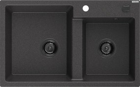 Mexen Tomas, granitový dřez 800x500x190 mm, 2-komorový, černá skvrnitá s černým sifonem, 6516802000-76-B