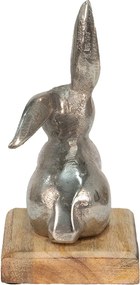 Dekorace stříbrný kovový králík na dřevěném podstavci - 11*10*20 cm