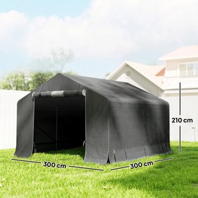 Outsunny voděodolný garážový stan 3 x 2,1 m — rolovací dveře na zip, boční větrací okno, skladovací přístřešek pro kola a zahradní nářadí, tmavě šedý