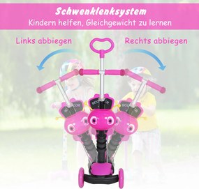 HOMCOM 3-v-1 Koloběžka pro Děti od 18 Měsíců 3-kolová Koloběžka se Sundavacím Sedátkem a Nastavitelnou Výškou Rukojeti 62x25x72,5 cm Růžová