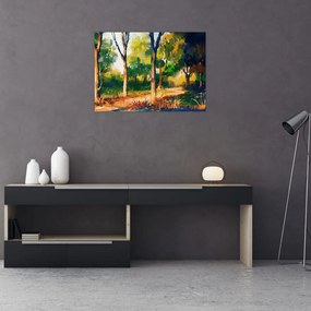 Skleněný obraz lesa v letním slunci, malba (70x50 cm)