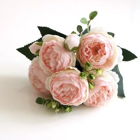 Umělá kytice 5 květů s listy - pivoňka, čajová růže Barva: světle růžová