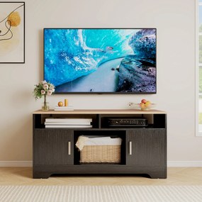 HOMCOM TV stolek ze dřeva s 2 nikami, 2 skříňkami s dvířky, 1 otevřenou skříňkou, 105 x 40 x 52 cm, černý dekor dřeva
