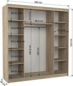 ADRK Furniture Skříň s posuvnými dveřmi a zrcadlem OLIVER 200