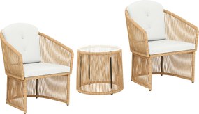 Ratanový bistro set, 3dílná sada zahradního nábytku s kulatým skleněným stolem, křesly a polštáři, krémově bílá barva