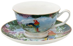 Porcelánový šálek s podšálkem s papoušky Papagai - 12*10*6 cm / Ø 15*2 cm / 200 ml