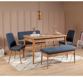 Rozkládací jídelní stůl se 2 židlemi a 2 lavicemi Vlasta (borovice antlantic + tmavě modrá). 1072180