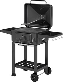 Outsunny Gril na dřevěné uhlí BBQ udírna s víkem Teploměr Výškově nastavitelná pánev na dřevěné uhlí Grilovací rošt Boční stolek Popelník