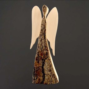 AMADEA Dřevěný anděl s kůrou, masivní dřevo, 18 cm