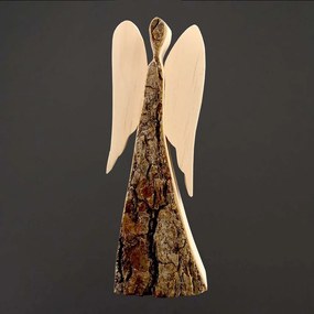 AMADEA Dřevěný anděl s kůrou, masivní dřevo, 18 cm