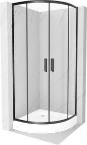 Mexen Rio, čtvrtkruhový sprchový kout s posuvnými dveřmi 90 x 90 cm, 5mm čiré sklo, černý profil + bílá vysoká sprchová vanička Rio, 863-090-090-70-00-4710