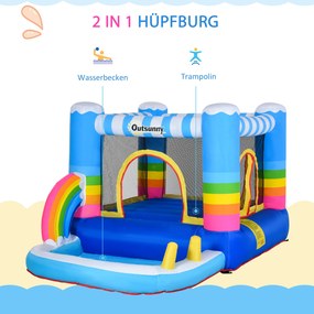 Outsunny skákací hrad s fukarem, skluzavka pro 3 děti, nafukovací skákací hrad s vodním hracím centrem pro děti 3-8 let, venkovní vodní park pro děti…