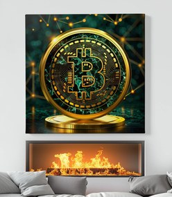 Obraz na plátně - Bitcoin, zářící zlatý emerald FeelHappy.cz Velikost obrazu: 100 x 100 cm