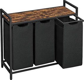 Koš na prádlo s policí BERGEN, 3x38l, černá/hnědá SongmicsHome