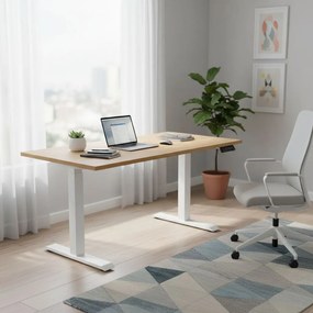 Výškově nastavitelný stůl OfficeTech D, 140 x 80 cm, bílá podnož, dub kamenný