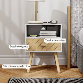 Noční stolek HOMCOM s nabíjecí stanicí, šuplíkem, 2 zásuvkami, USB & USB‑C, otevřenou policí, borovicové nohy, bílý