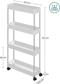 Regál na kolečkách, bílý, 86x12,5x40 cm