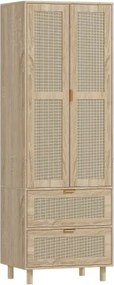 HOMCOM ložnicová skříň se 2 ratanovými dveřmi, 2 zásuvkami a věšákem, 63 x 47 x 185 cm, přírodní dřevo