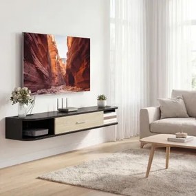 HOMCOM nástěnný TV nábytek 120 cm, TV nábytek do 127 cm, sklápěcí dveře, 2 otevřené přihrádky a průchody pro kabely, černá