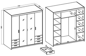 Šatní skříň ELENA 4D 6S + zrcadlo + nástavec + 6x zásuvka | 176,3 cm | dub lefkas