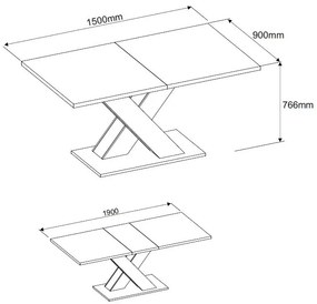Rozkládací jídelní stůl Moteon 150x90 cm, bílý/šedý, podnož X