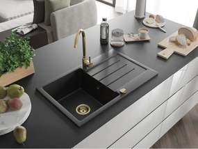 Mexen Bruno, granitový dřez 795x495x200 mm, 1-komorový, černá se zlatým sifonem, 6513791010-77-G