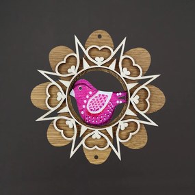 AMADEA Dřevěná ozdoba květ vklad pták růžový, 10 cm, český výrobek