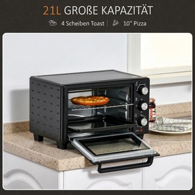 HOMCOM Mini trouba 21L, 3 režimy pečení, 100°C-230°C, 1400W, nerez a sklo, černá+stříbrná, 46.4x38x28.5cm