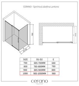 CERANO - Sprchová zástěna pro dveře Lantono L/P - 8 mm - černá matná, grafitové sklo - 100x195 cm - jednodílná pevná, CER-CER-8050BD7243