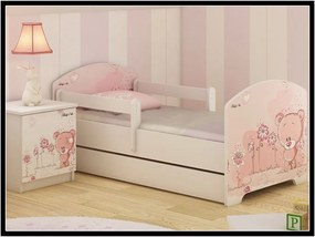 Dětská postel Oskar Růžový medvídek 160x80 cm - Norská borovice - 2x krátká zábrana bez šuplíku