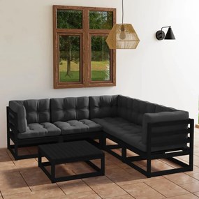 vidaXL 6dílná zahradní sedací souprava s poduškami masivní borovice [3076549] Barva: Černá